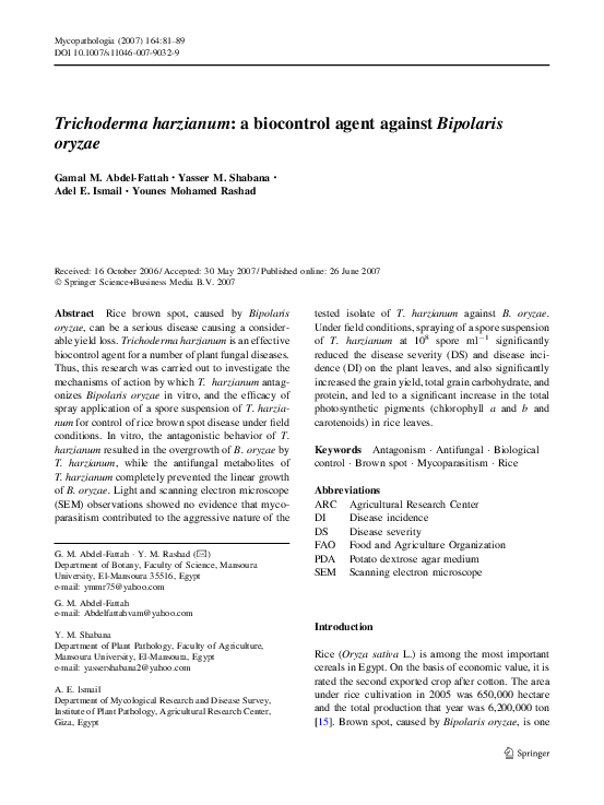 (PDF) Trichoderma harzianum : a biocontrol agent against Bipolaris oryzae