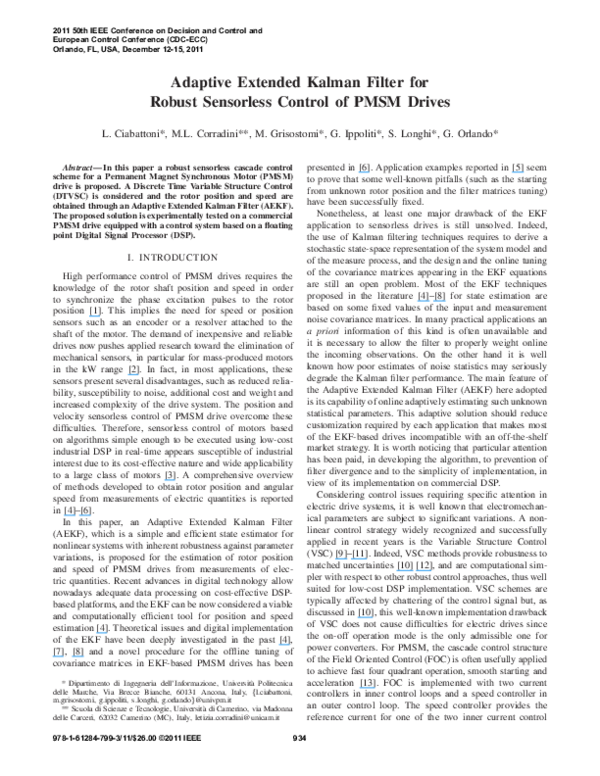 Pdf Adaptive Extended Kalman Filter For Robust Sensorless Control Of