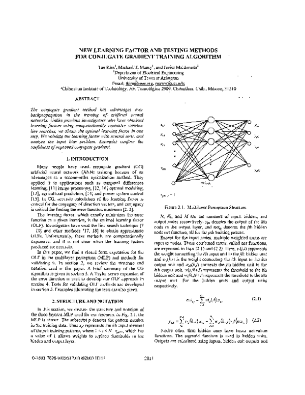 Pdf New Learning Factor And Testing Methods For Conjugate Gradient Training Algorithm