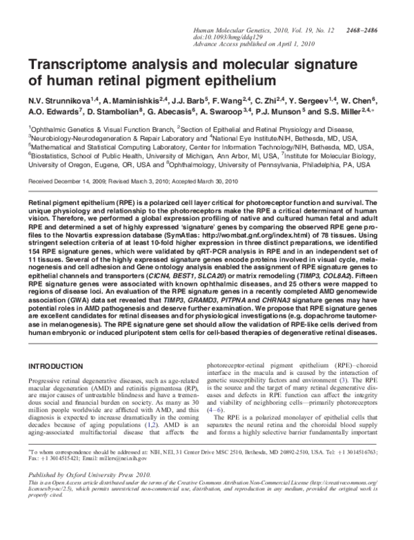 (PDF) Transcriptome analysis and molecular signature of human retinal pigment epithelium