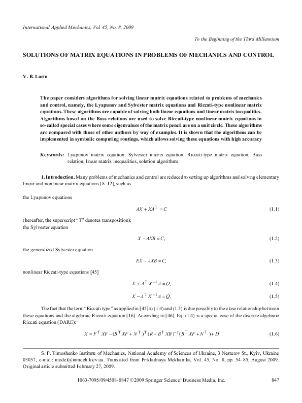 (PDF) Solutions of matrix equations in problems of mechanics and control