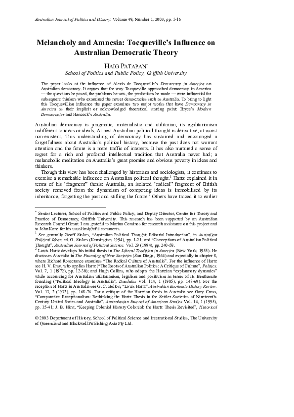 (PDF) Melancholy and Amnesia: Tocqueville's Influence on Australian ...