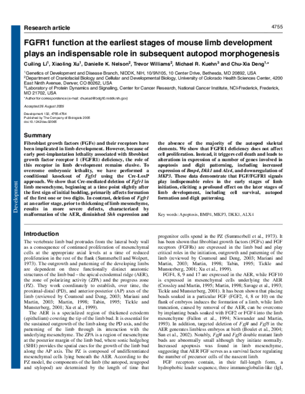 (PDF) FGFR1 function at the earliest stages of mouse limb development ...