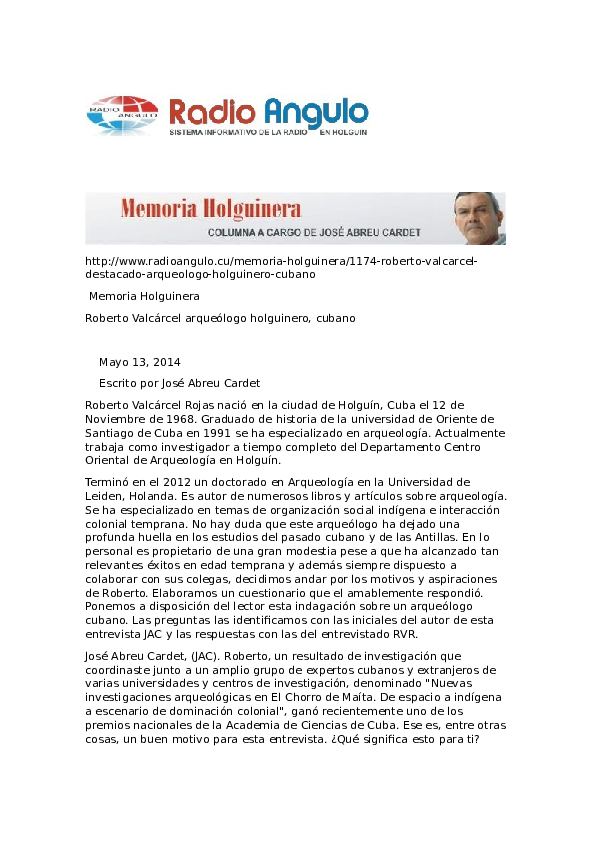 (DOC) Entrevista a Roberto Valcárcel Rojas por José Abreu Cardet