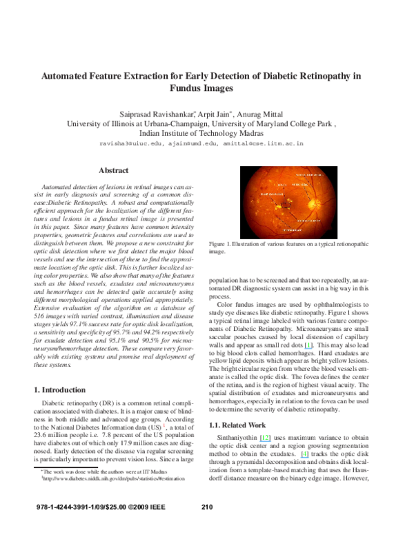 Pdf Automated Feature Extraction For Early Detection Of Diabetic