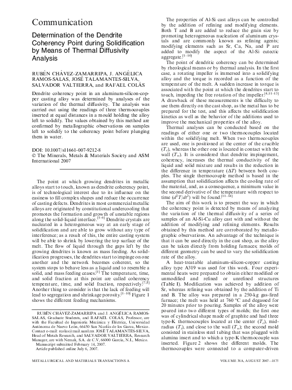 (PDF) Determination of the Dendrite Coherency Point during ...