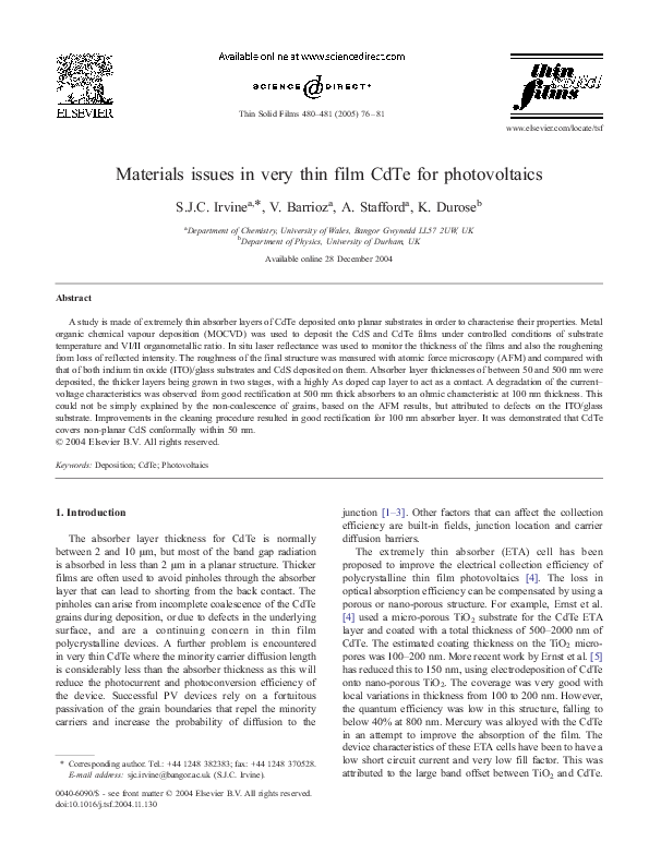 (PDF) A novel industrial thin film deposition technology for sustainable CdTe photovoltaics ...