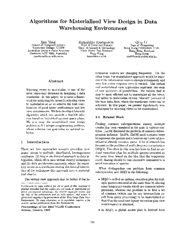 Pdf Algorithms For Materialized View Design In Data Warehousing Environment 