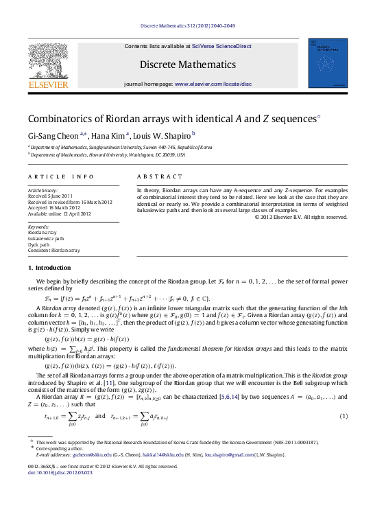 (PDF) Combinatorics of Riordan arrays with identical and sequences