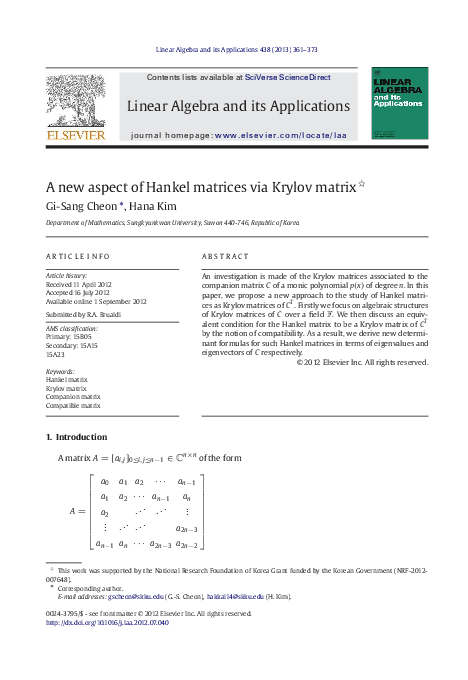 (PDF) A new aspect of Hankel matrices via Krylov matrix