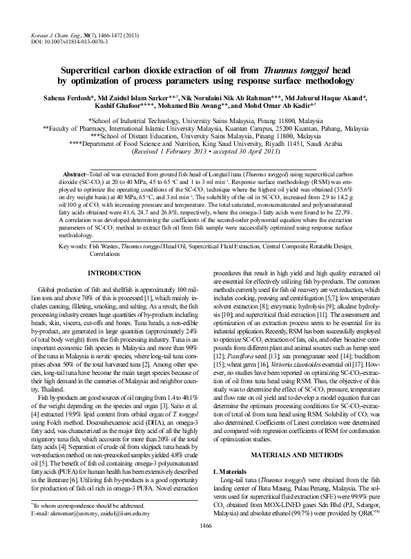 (PDF) Supercritical carbon dioxide extraction of oil from Thunnus tonggol head by optimization ...
