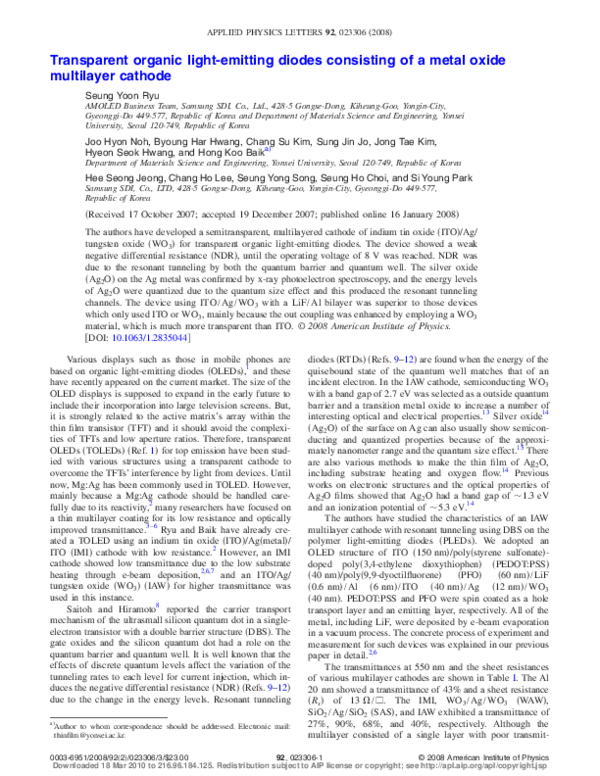 (PDF) Transparent organic light-emitting diodes consisting of a metal oxide multilayer cathode