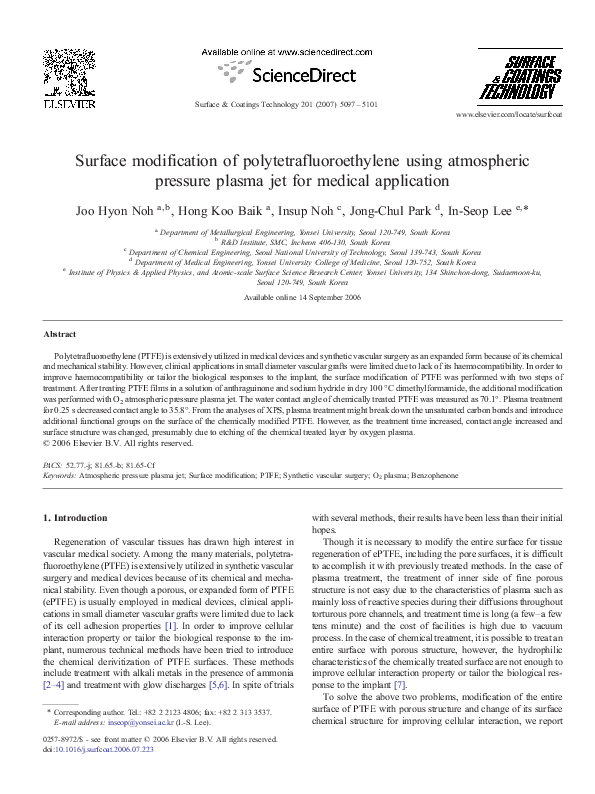 (PDF) Surface modification of polytetrafluoroethylene using atmospheric ...