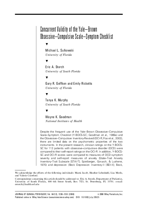 (PDF) Concurrent validity of the Yale-Brown Obsessive-Compulsive Scale ...