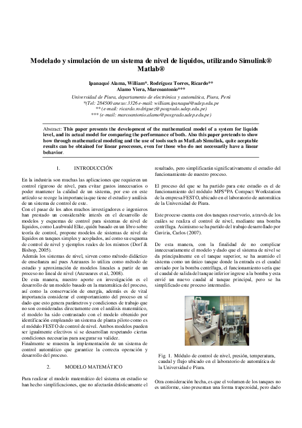 (PDF) Modelado y simulación de un sistema de nivel de líquidos ...