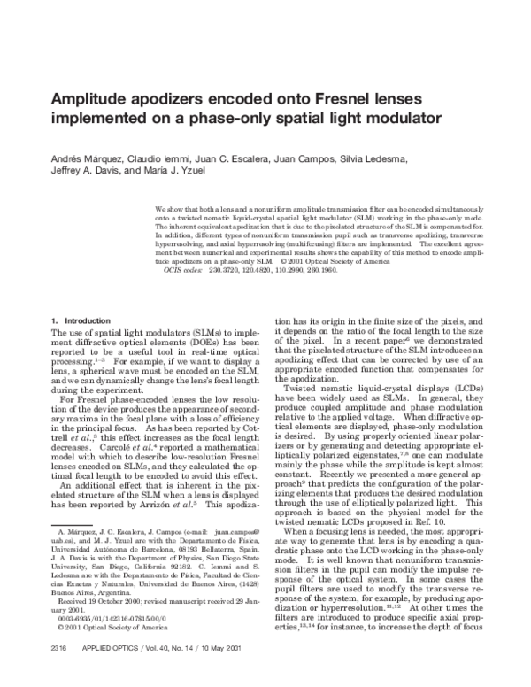 (PDF) Amplitude apodizers encoded onto Fresnel lenses implemented on a phase-only spatial light ...