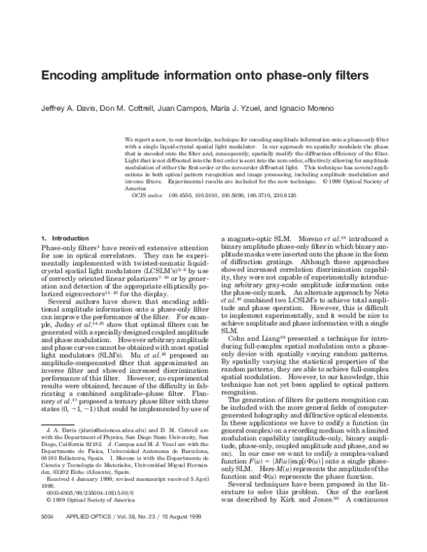 Pdf Encoding Amplitude Information Onto Phase Only Filters