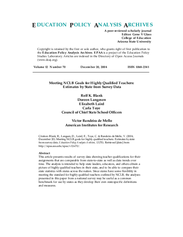 (PDF) Meeting NCLB Goals for Highly Qualified Teachers: Estimates by ...