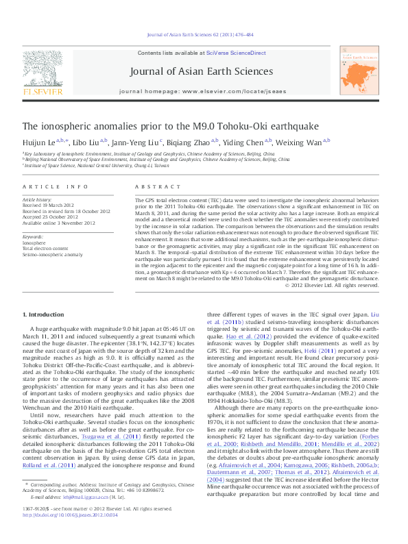 (PDF) The ionospheric anomalies prior to the M9.0 Tohoku-Oki earthquake