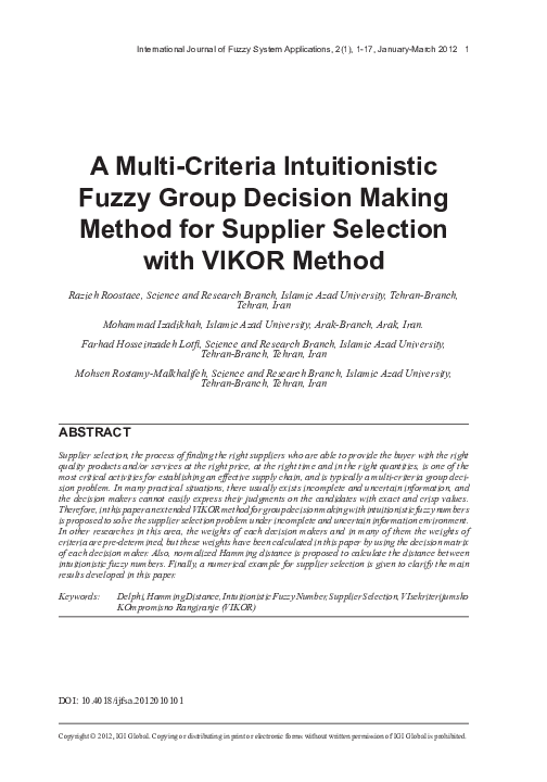 Pdf Intuitionistic Fuzzy Decision Making For Suppliers 2889