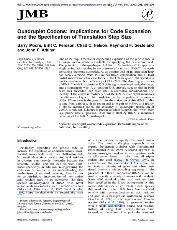 (PDF) Quadruplet codons: implications for code expansion and the ...