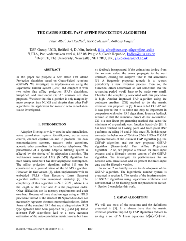 Pdf The Gauss Seidel Fast Affine Projection Algorithm 1133