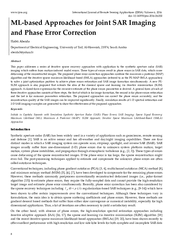 (PDF) ML-based Approaches for Joint SAR Imaging and Phase Error Correction