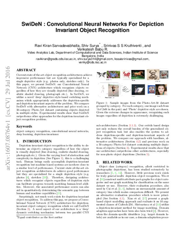 (PDF) SwiDeN : Convolutional Neural Networks For Depiction Invariant Object Recognition