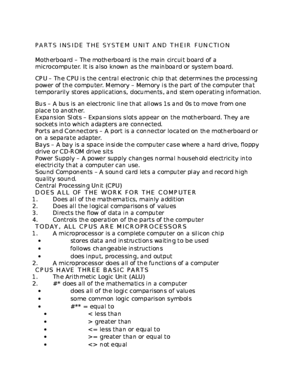 (DOC) PARTS INSIDE THE SYSTEM UNIT AND THEIR FUNCTION