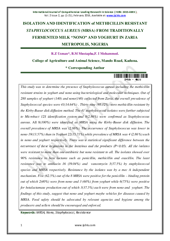 (PDF) ISOLATION AND IDENTIFICATION of METHICILLIN RESISTANT STAPHYLOCOCCUS AUREUS (MRSA) FROM ...