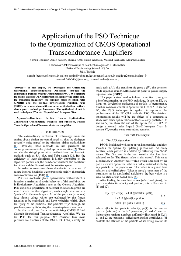 (PDF) Application of the PSO technique to the Optimization of CMOS Operational Transconductance ...