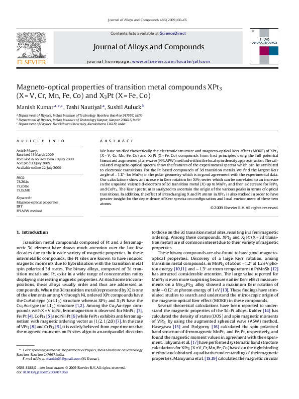 (PDF) Magneto-optical properties of transition metal compounds XPt 3 (X = V, Cr, Mn, Fe, Co) and ...