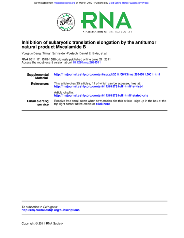 (PDF) Inhibition of eukaryotic translation elongation by cycloheximide ...