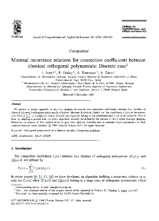 Pdf Minimal Recurrence Relations For Connection Coefficients Between