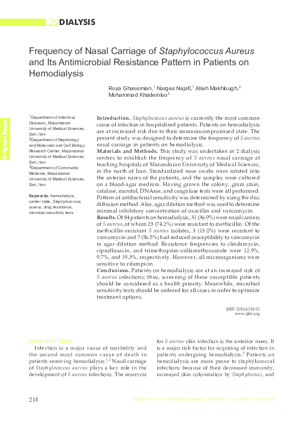 (PDF) Frequency of nasal carriage of Staphylococcus aureus and its ...