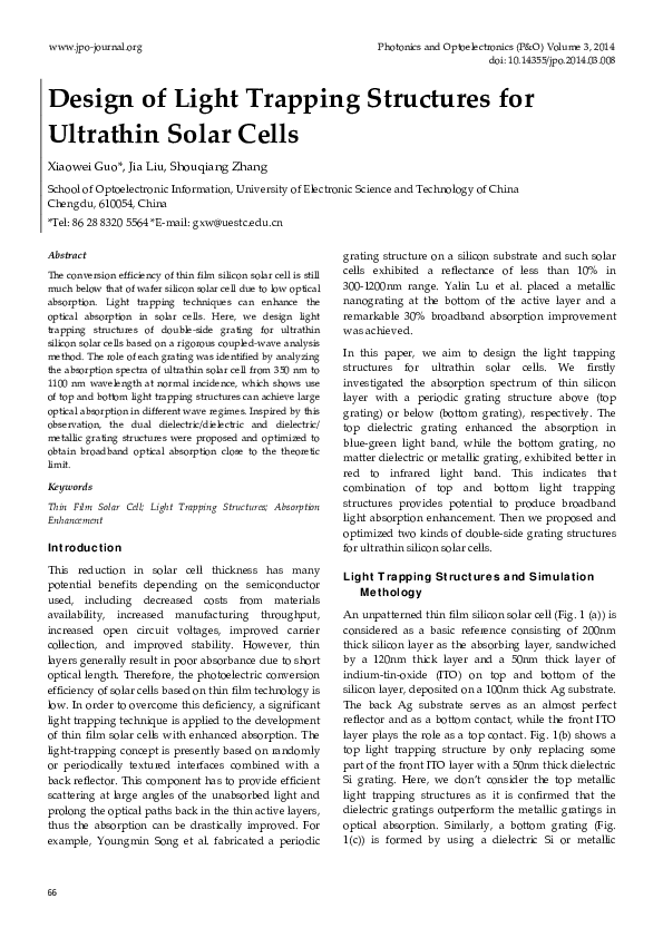 (PDF) Design of Light Trapping Structures for Ultrathin Solar Cells