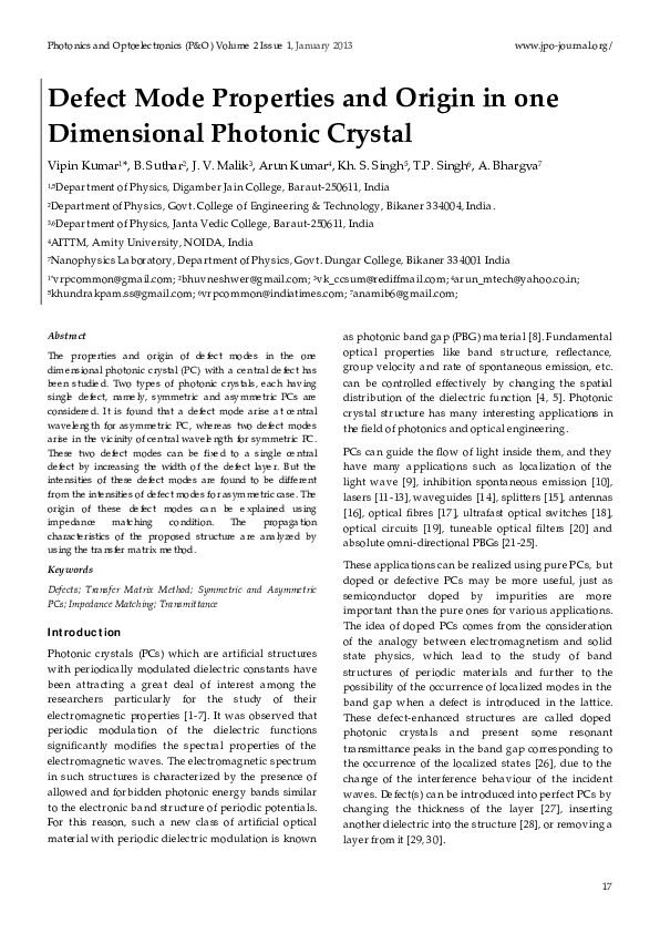 (PDF) Defect Mode Properties and Origin in one Dimensional Photonic Crystal