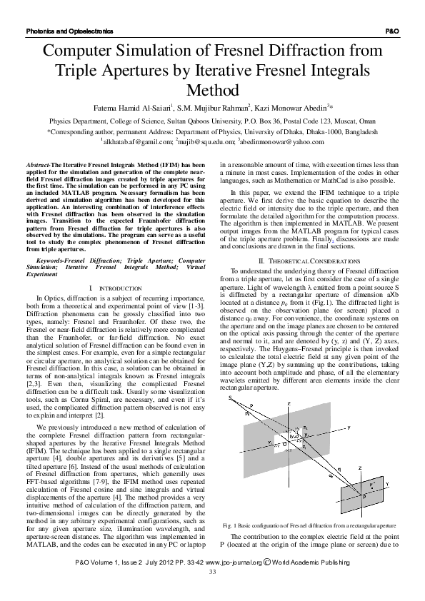 Pdf Computer Simulation Of Fresnel Diffraction From Triple Apertures