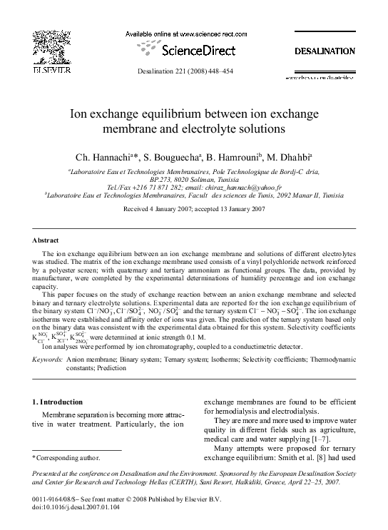 (PDF) Ion exchange equilibrium between ion exchange membrane and ...