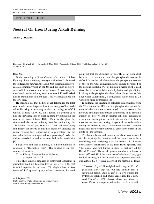 (PDF) Neutral Oil Loss During Alkali Refining