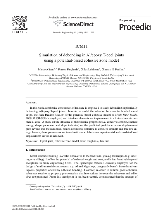 (PDF) Simulation of debonding in Al/epoxy T-peel joints using a potential-based cohesive zone model