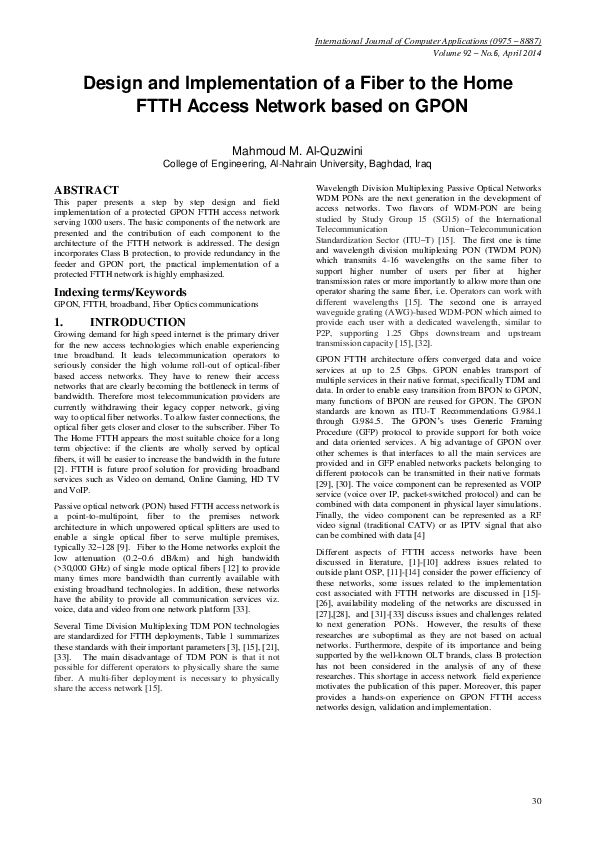 (PDF) Design and Implementation of a Fiber to the Home FTTH Access ...