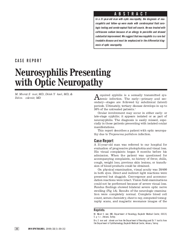 (PDF) Neurosyphilis presenting with optic neuropathy