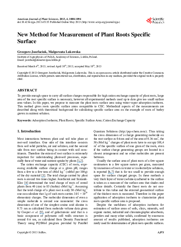 (PDF) New Method for Measurement of Plant Roots Specific Surface