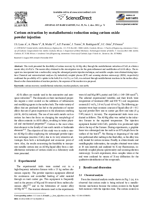 (PDF) Cerium extraction by metallothermic reduction using cerium oxide ...