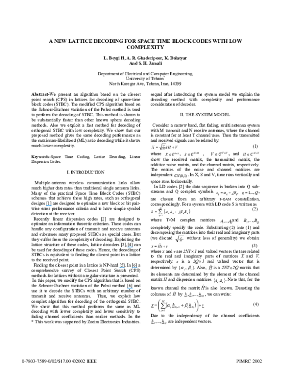 Pdf A New Lattice Decoding For Space Time Block Codes With Low Complexity Khalil Dolatyar 