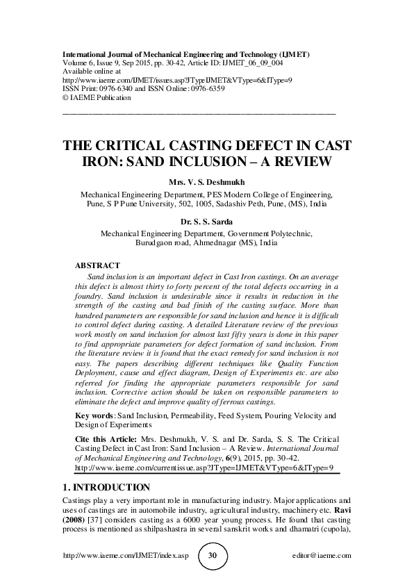 (PDF) THE CRITICAL CASTING DEFECT IN CAST IRON: SAND INCLUSION – A REVIEW