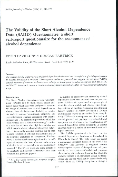 (PDF) The Validity of the Short Alcohol Dependence Data (SADD ...