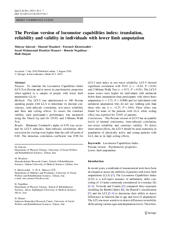 (PDF) The Persian version of locomotor capabilities index: translation ...
