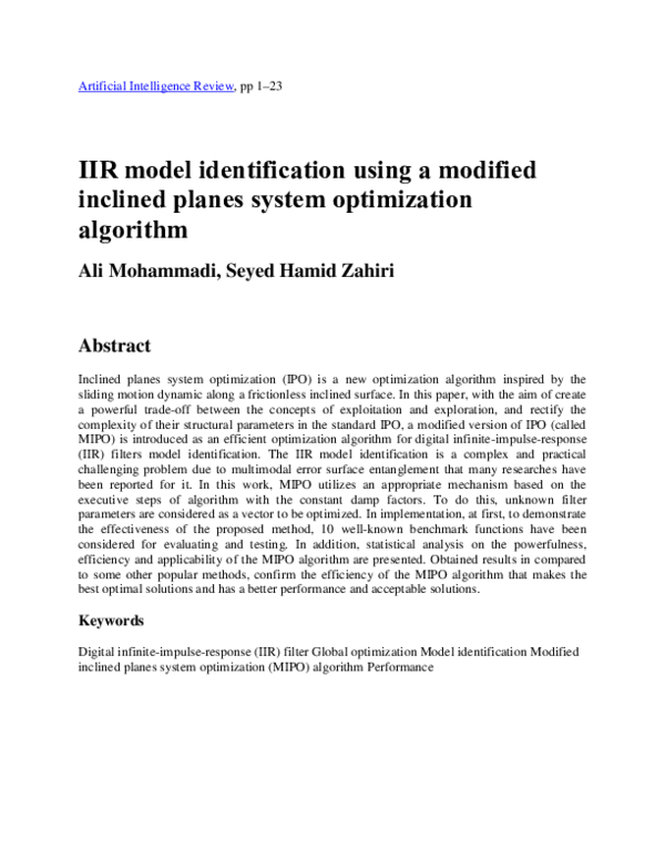 Iir Model Identification Using A Modified Inclined Planes System Optimization Algorithm Ali